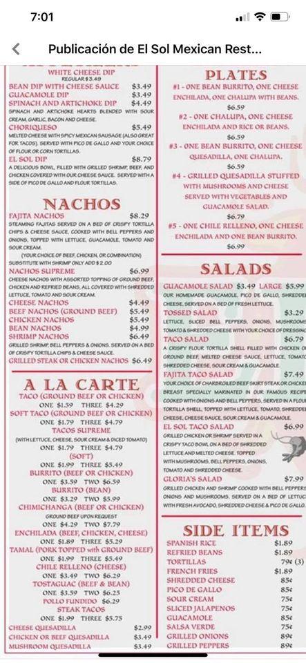 Menu at El Sol Méxican Restaurant, Pine Bluff