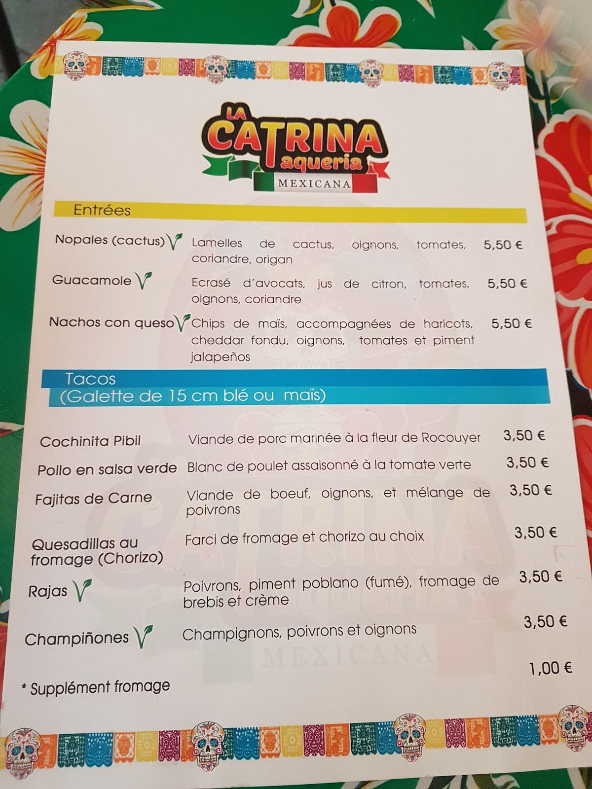 Menu at La Catrina restaurant, Paris