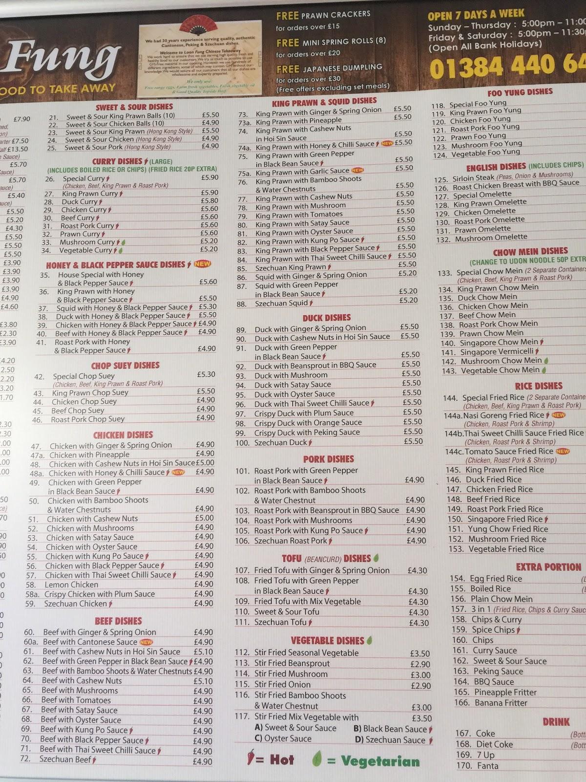 Menu at Loon Fung restaurant, Stourbridge