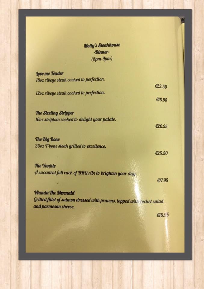 Menu at Molly’s pub & bar, Midleton
