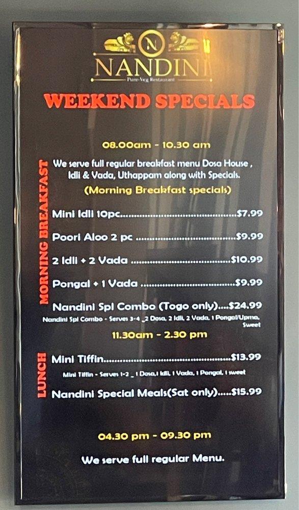 Menu at Nandini - Pure Veg Restaurant, Cary