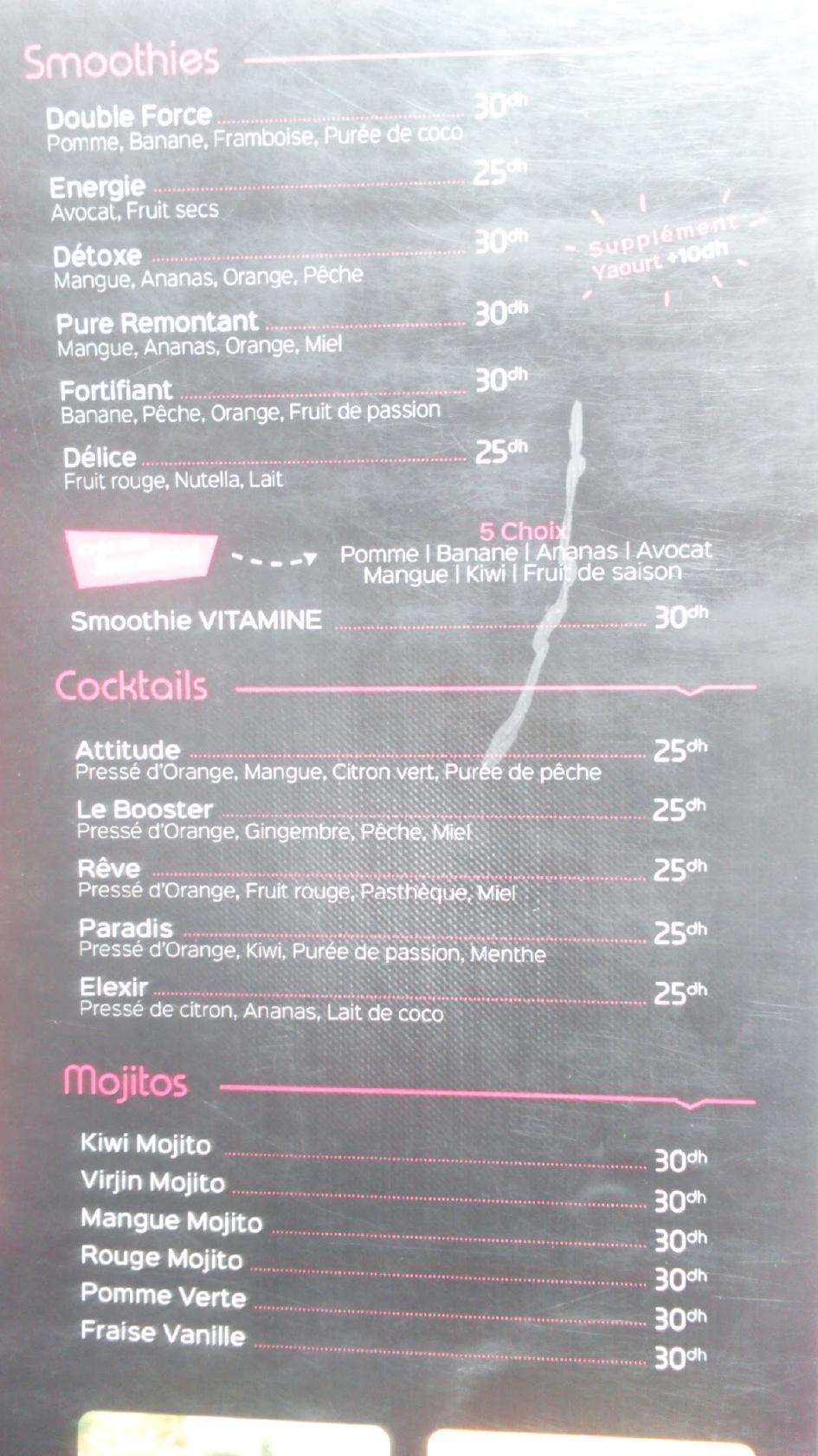 Menu at Pause Café cafe, Agadir