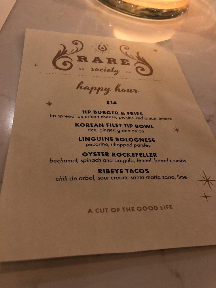 Menu at Rare Society steakhouse, San Diego