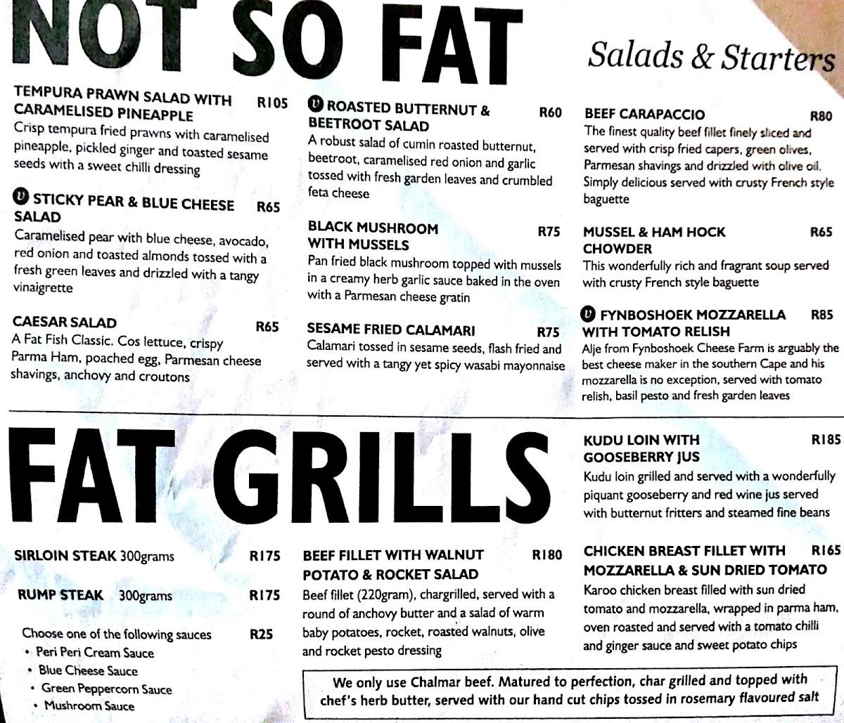 Menu at The Fat Fish restaurant, Plettenberg Bay