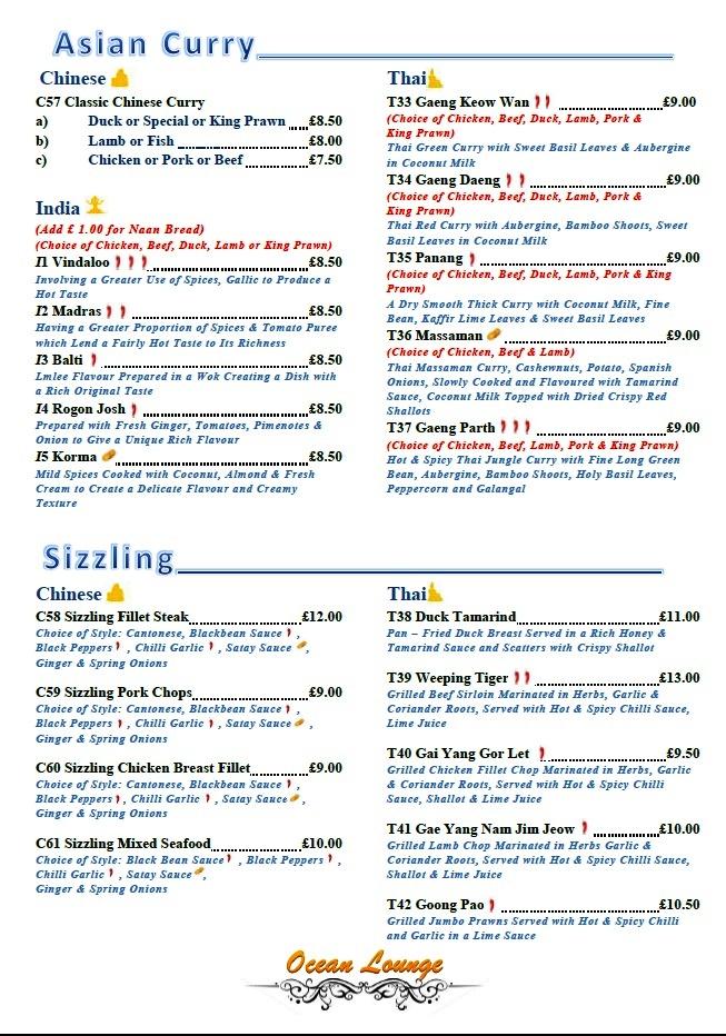 Menu at Ocean Lounge Chinese & Thai Restaurant, Manchester