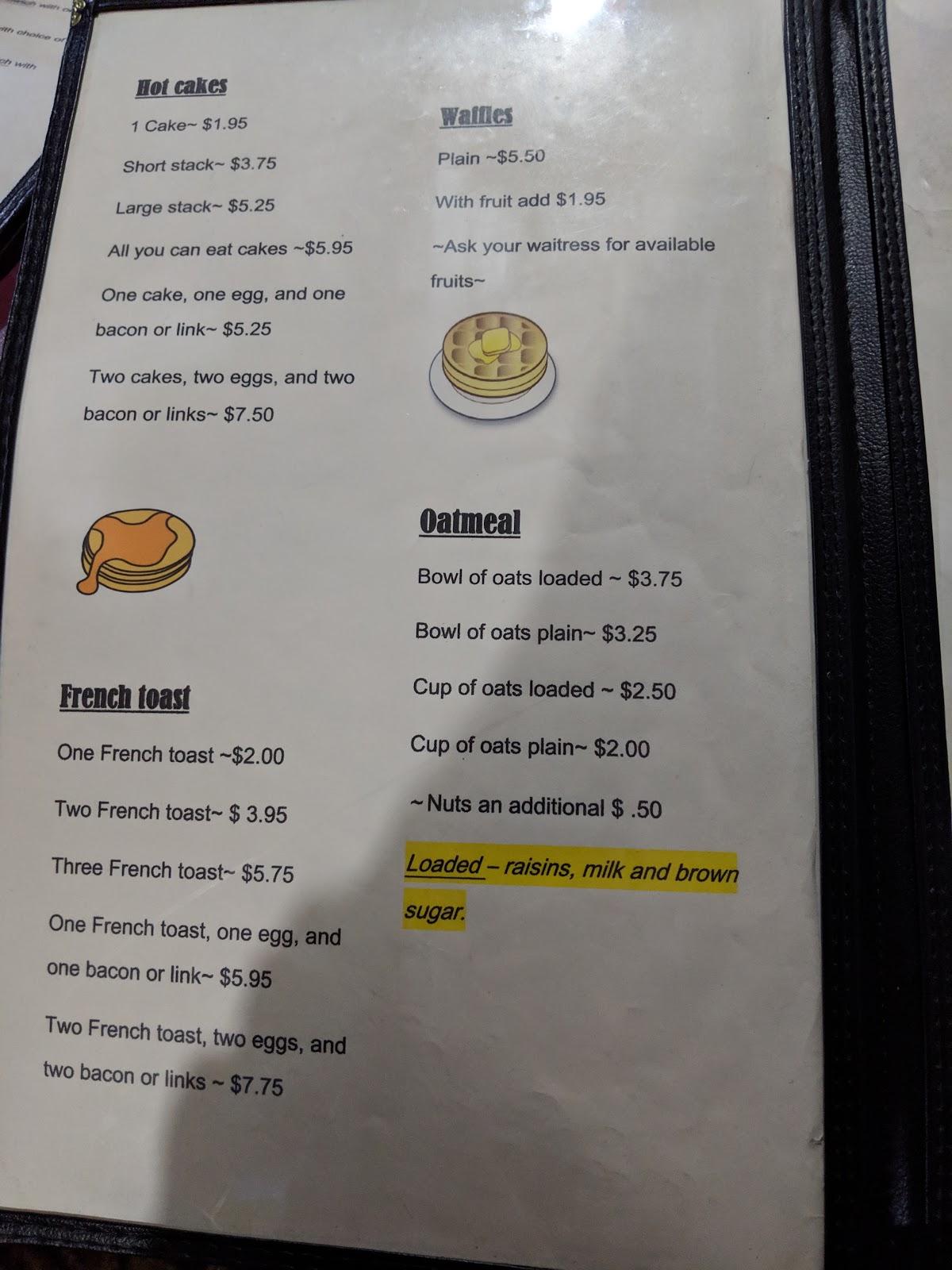 Menu at Annie's Cafe, Butte