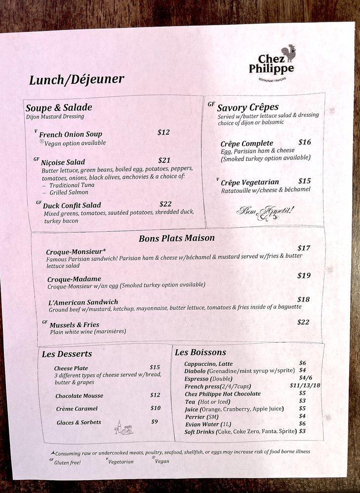 Carta del pub y bar Chez Philippe, Los Gatos