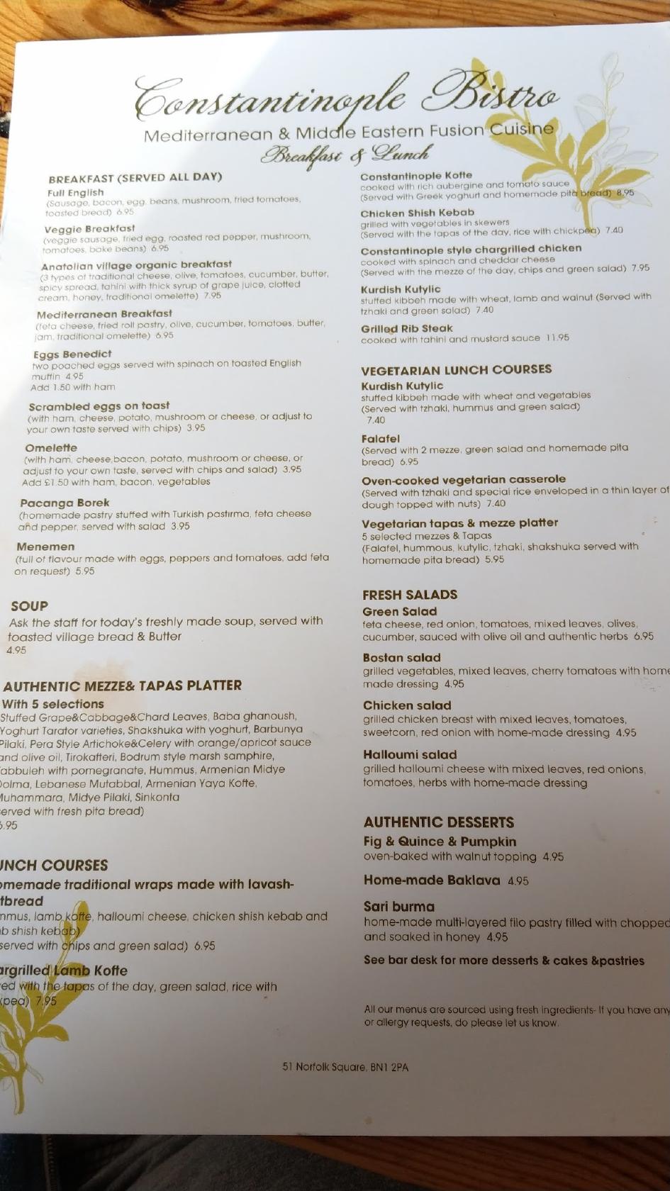 Carta de Constantinople Restaurant, Brighton