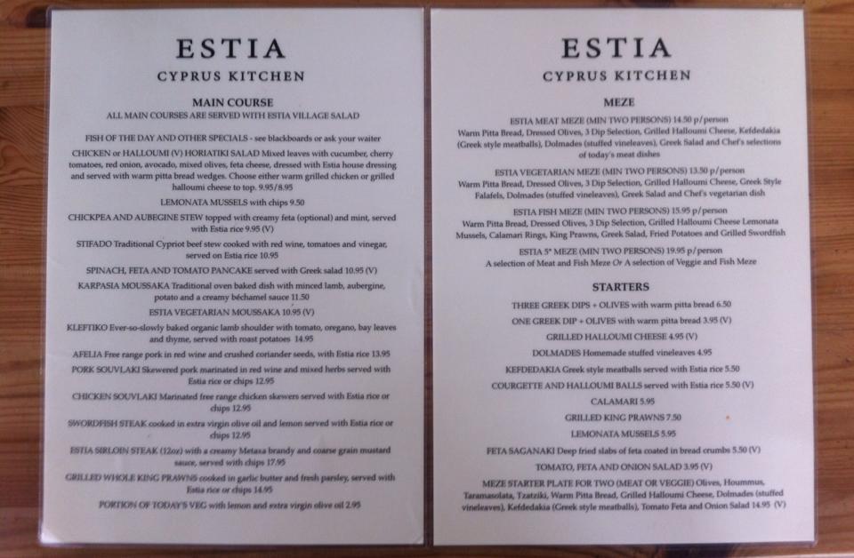 Menu at Estia restaurant, Brighton