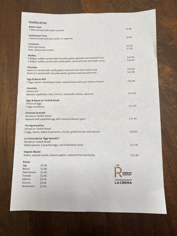Menu at La Crema Reserve Roastery cafe, Saint Marys