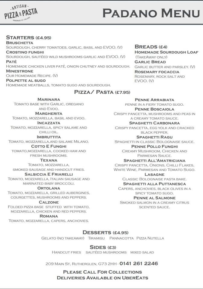 Menu at Padano restaurant, Rutherglen