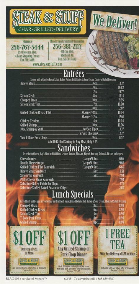 Menu at Steak and Stuff steakhouse, Sheffield, 401 Cox Blvd Ste F