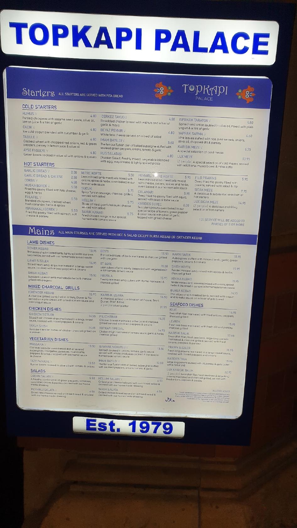 Carta del restaurante Topkapi Palace, Manchester, 205 Deansgate