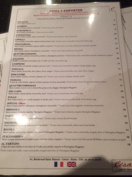 Menu au Trattoria César pizzeria, Paris, 81 Boulevard Saint-Marcel