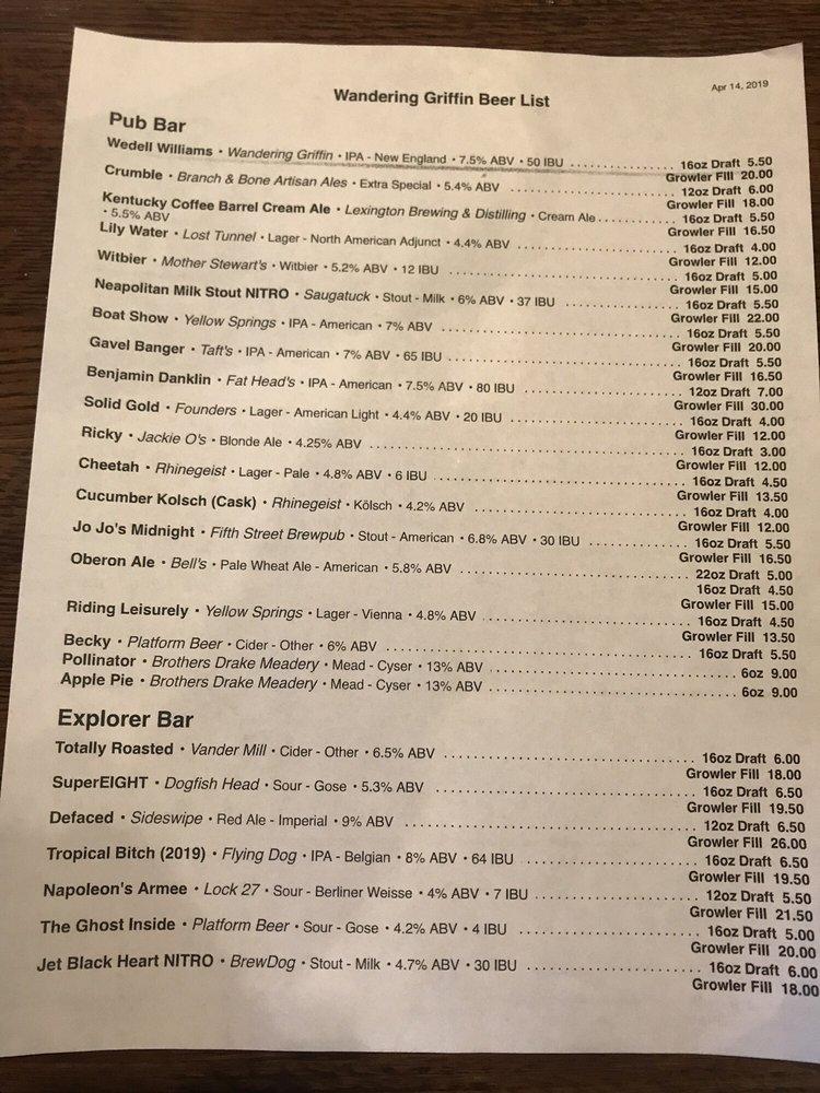 Menu at Wandering Griffin Brewery & Restaurant, Beavercreek