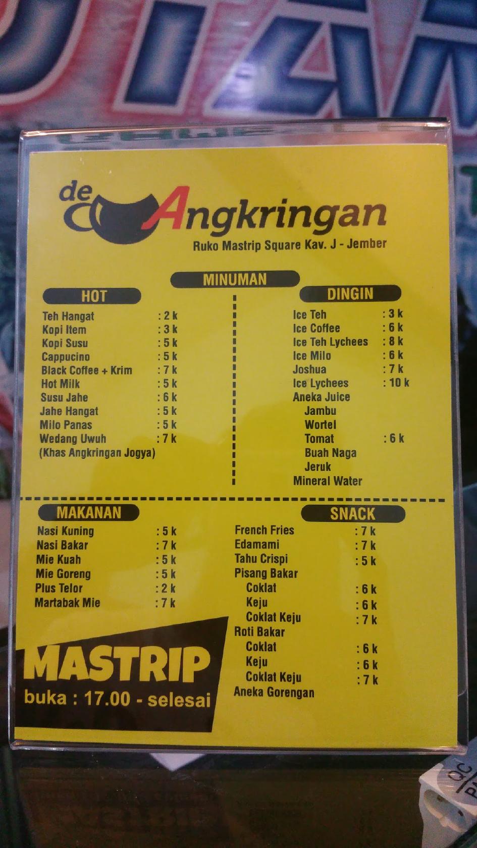 Menu at de Angkringan cafe, Jember