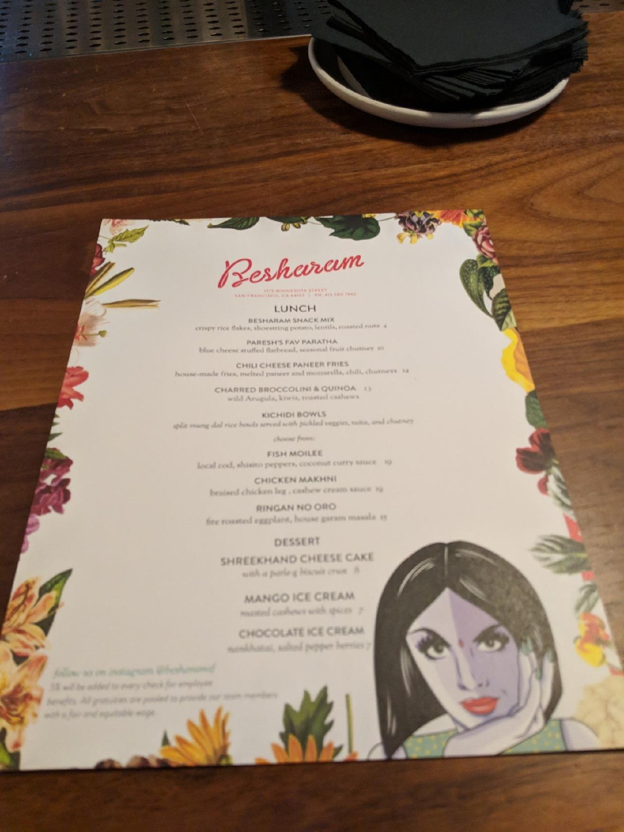 Menu at Besharam restaurant, San Francisco