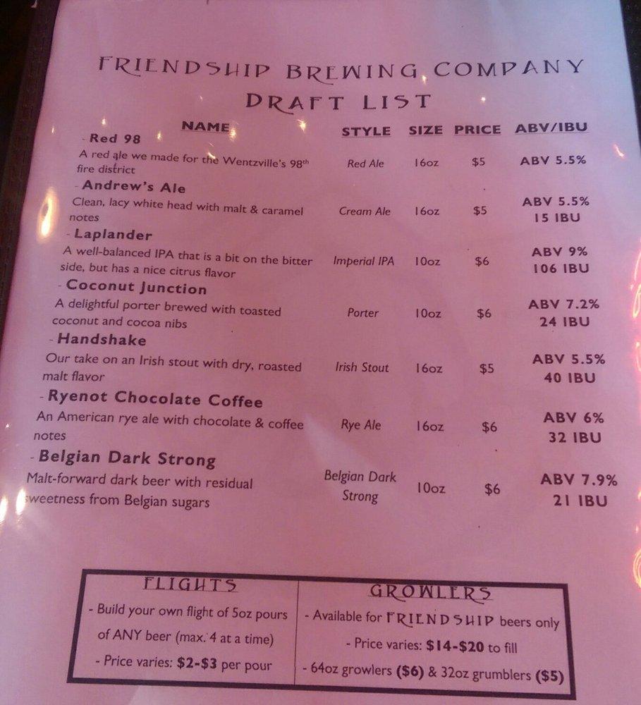 Menu at Friendship Brewing Company pub & bar, Wentzville