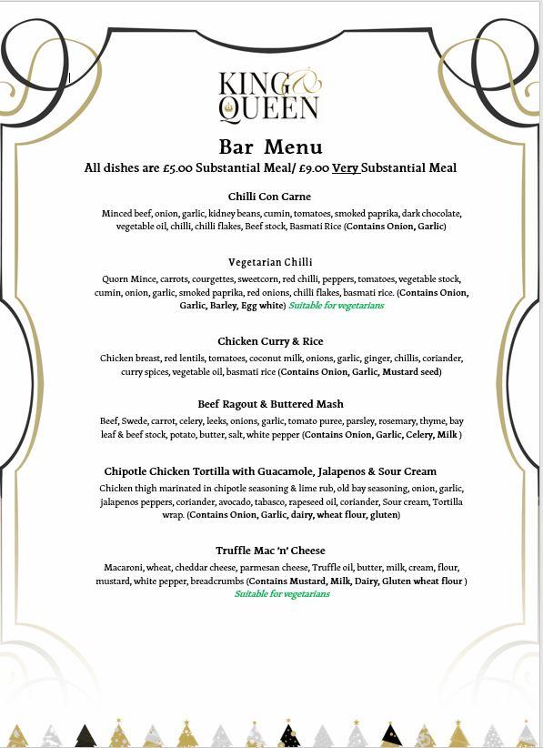 Menu at The King & Queen pub & bar, London, 1 Foley St