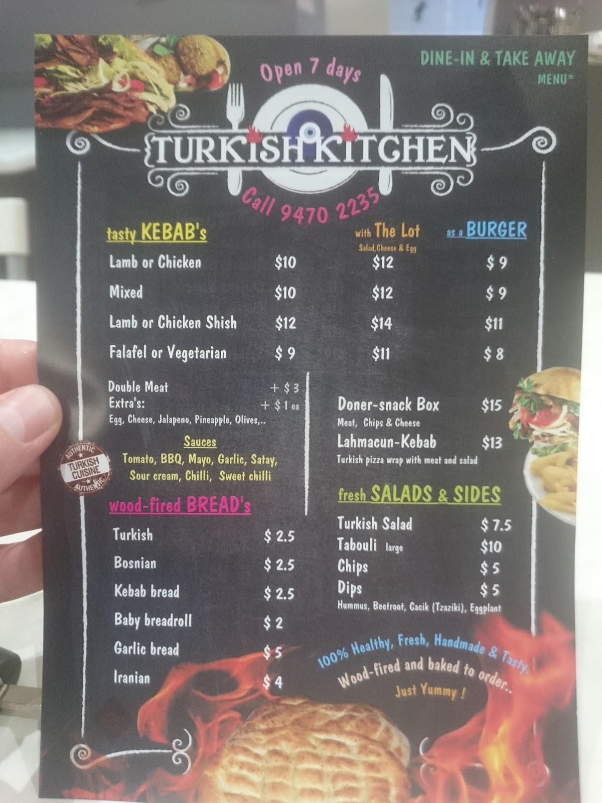 Menu at Turkish Kitchen fast food, East Victoria Park