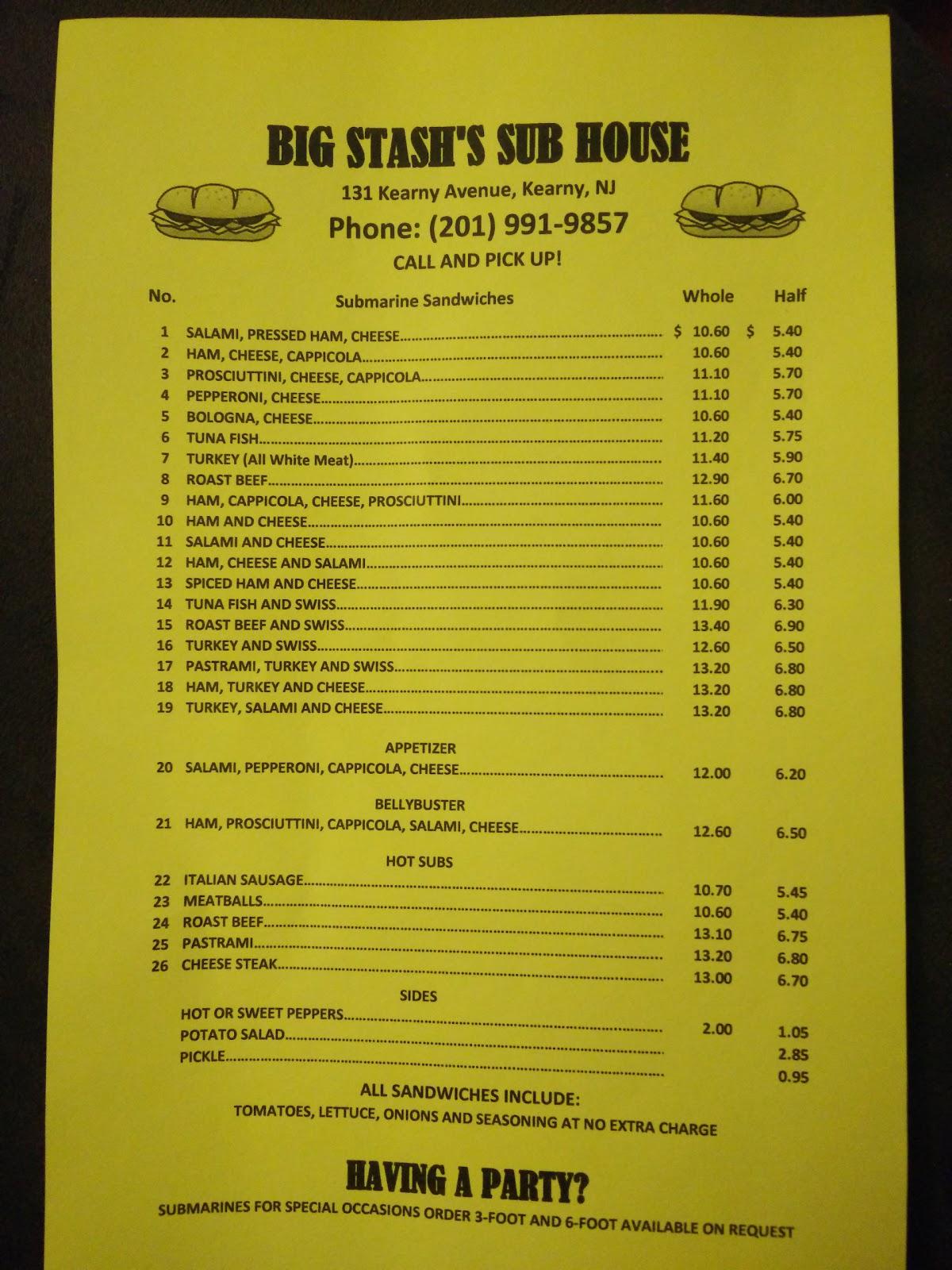Menu at Big Stashs Sub House restaurant, Kearny