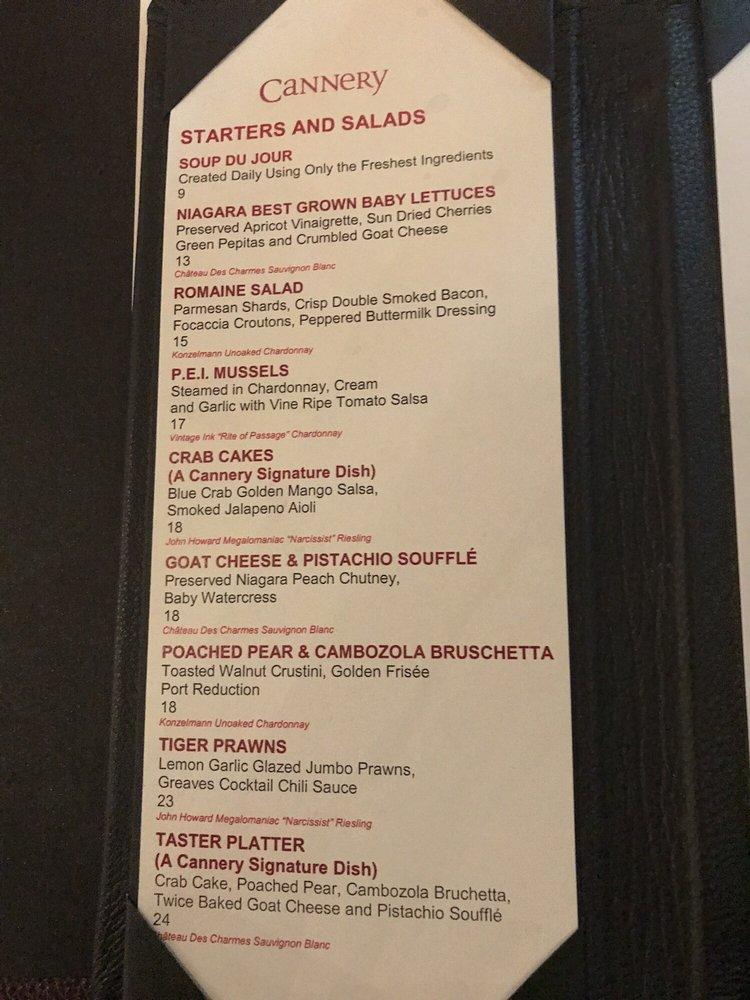 Menu au Cannery Restaurant, Niagara-on-the-Lake