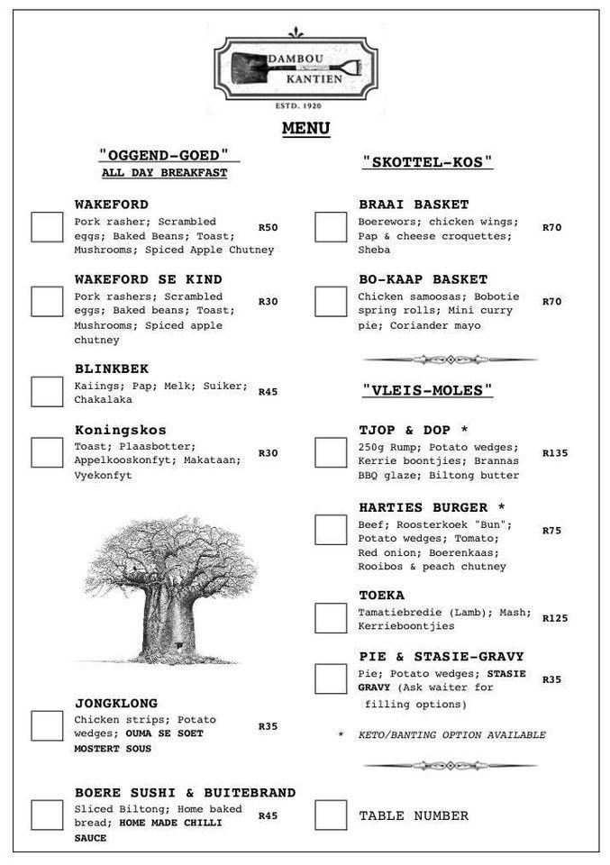 Menu at Dambou Kantien cafe, Hartbeespoort