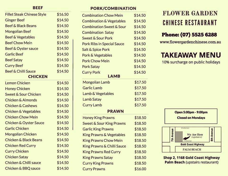 Menu at Flower Garden Chinese Restaurant, Palm Beach