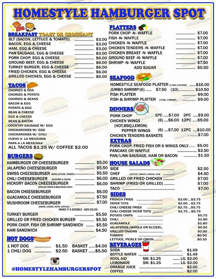 Menu at Homestyle Hamburger Spot restaurant, Houston