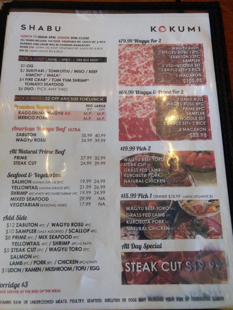 Menu at Kokumi restaurant, Arcadia