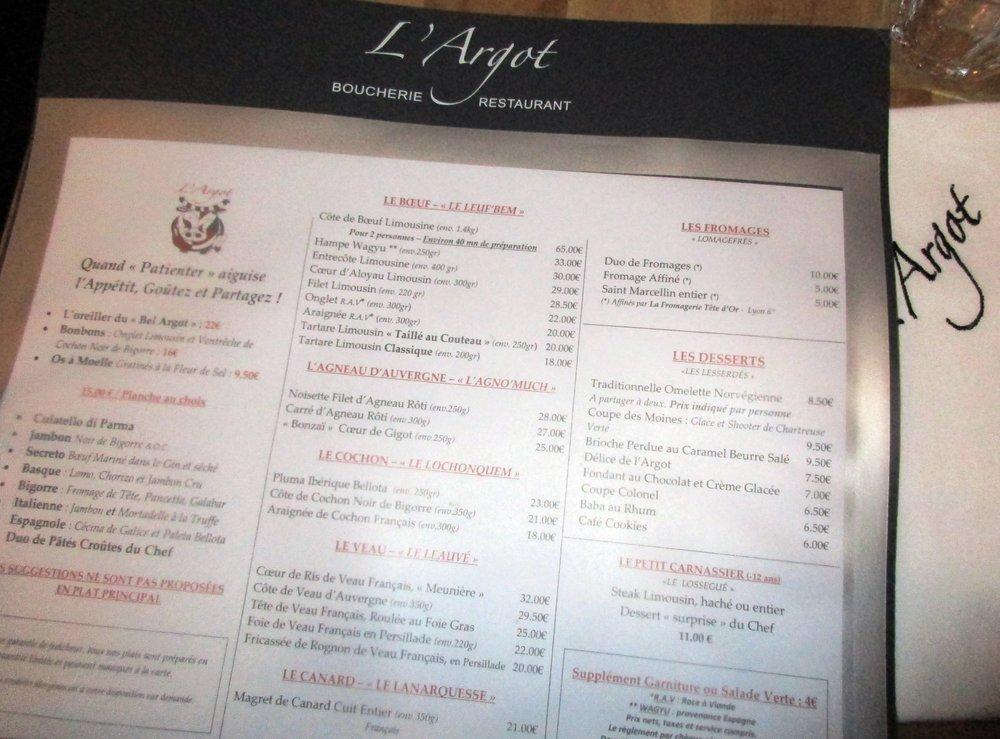 Menu au L'ARGOT Boucherie Restaurant, Lyon