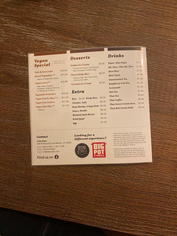 Menu at Little Siam restaurant, Neenah