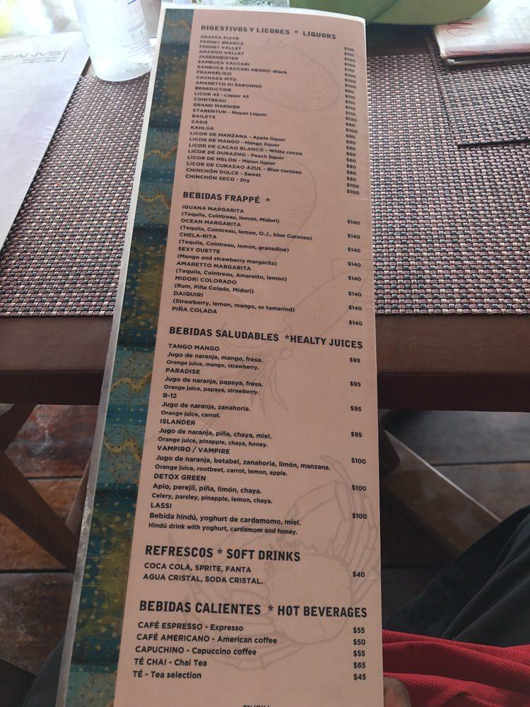 Menu at Oceanvs restaurant, Isla Mujeres