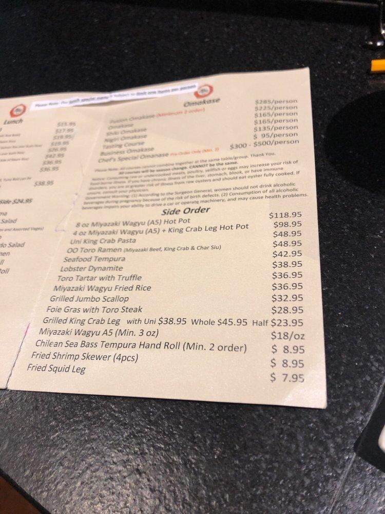 Menu at Otoro Sushi restaurant, Irvine