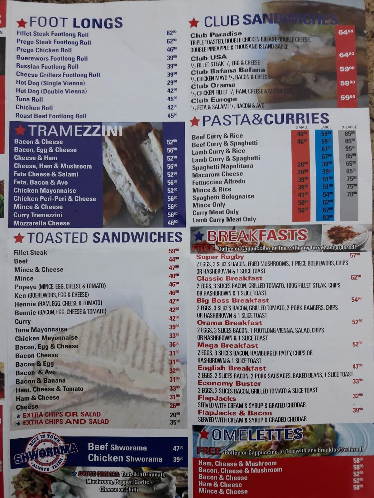 Menu at Orama Roadhouse restaurant, Boksburg