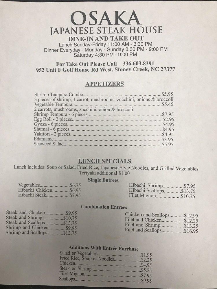 Menu at Osaka Japanese Steak House steakhouse, Whitsett