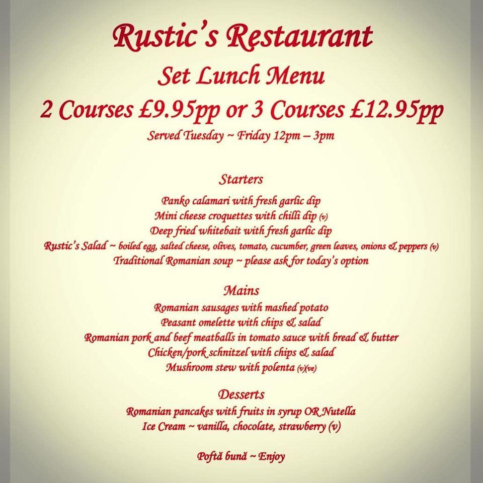 Menu at Rustic's Restaurant, Chelmsford
