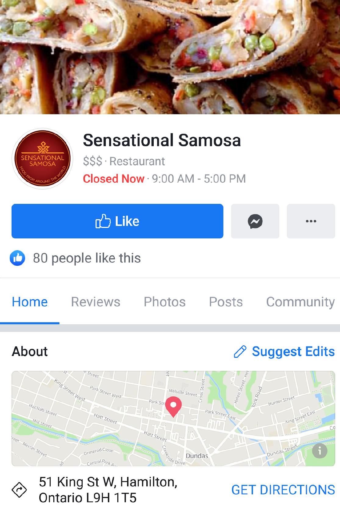 Menu at Sensational Samosa restaurant, Hamilton, 51 King St W