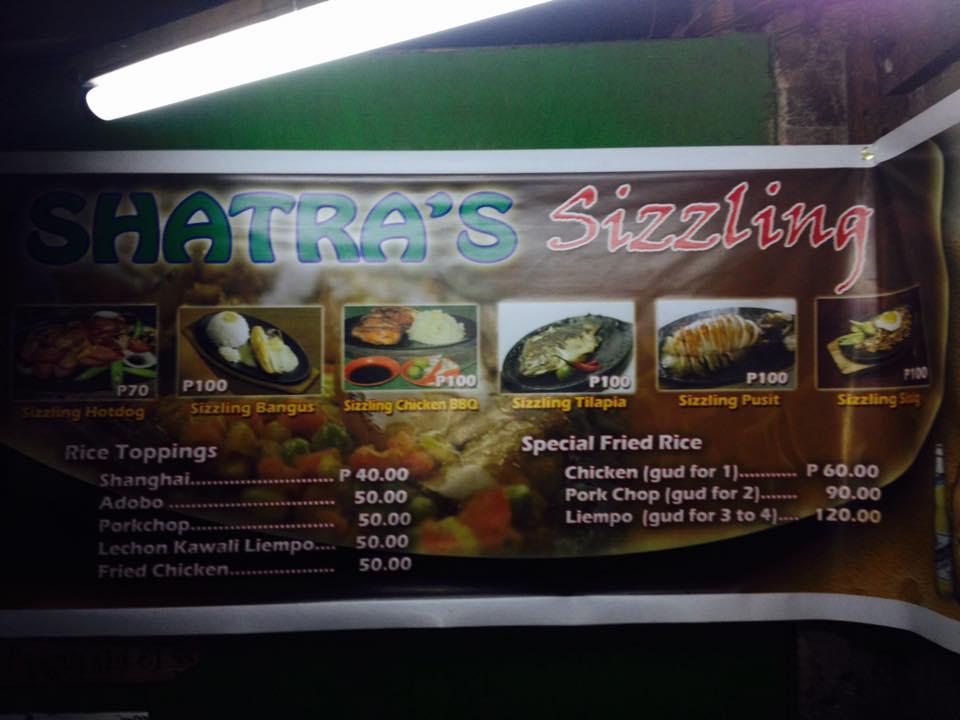 Menu at Shatra's Sizzling restaurant, Lipa