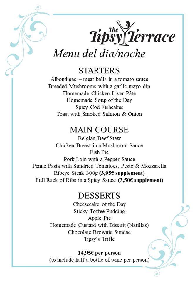 Menu at Tipsy Terrace restaurant, Hondón de los Frailes