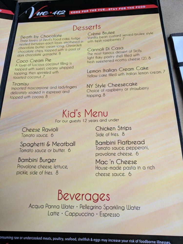 Menu at Vue 412 restaurant, Pittsburgh