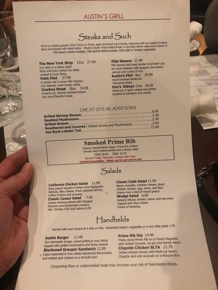 Menu at Austin’s Grill restaurant, Mentor