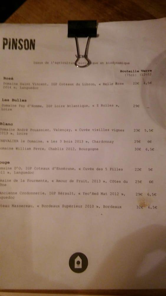 Menu at Café Pinson, Paris, 6 Rue du Forez