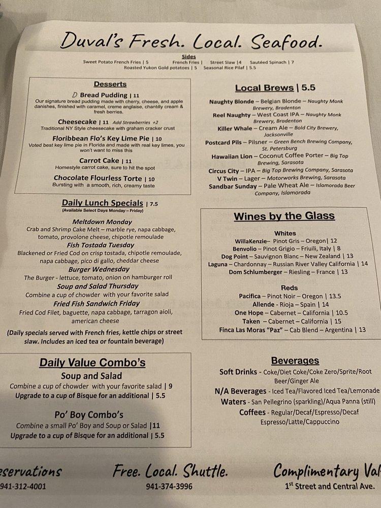 Menu at Duval's Fresh. Local. Seafood. pub & bar, Sarasota