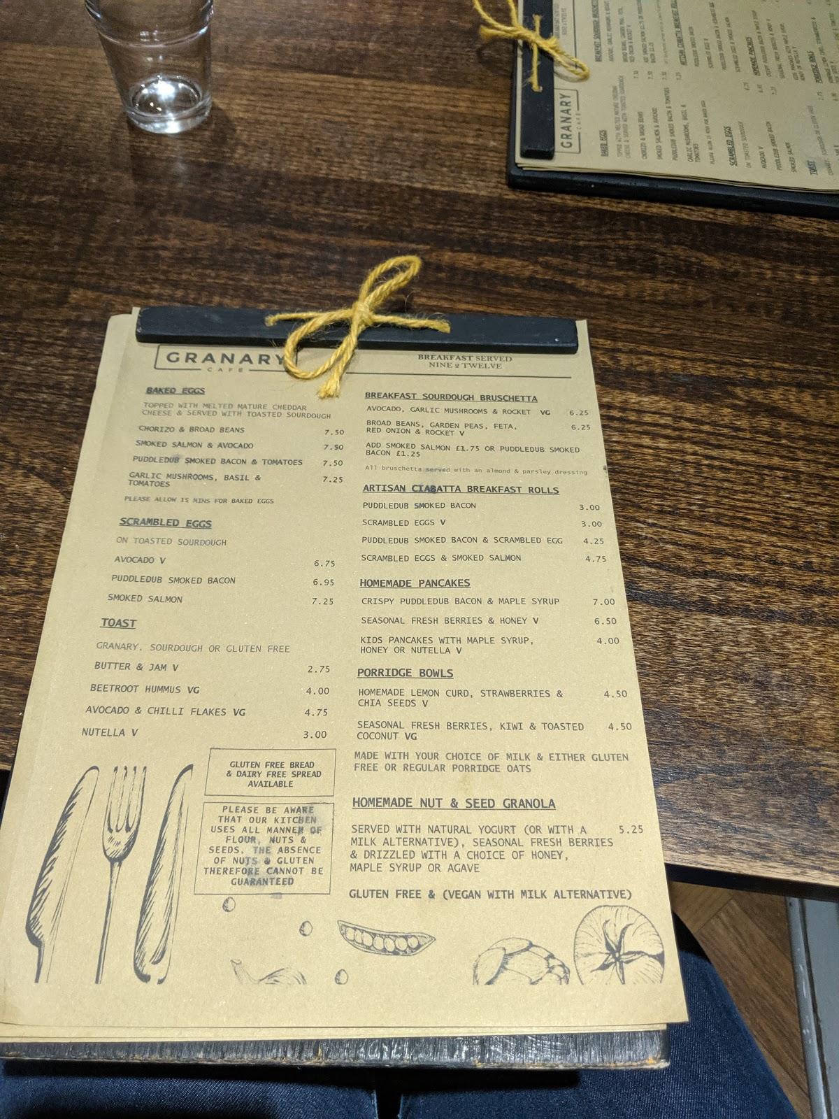 Menu at Granary Cafe, Linlithgow