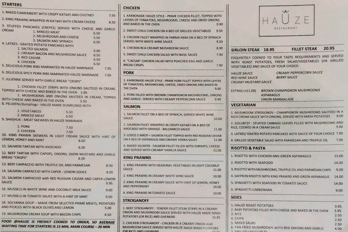 Menu at Hauze restaurant, Blackpool