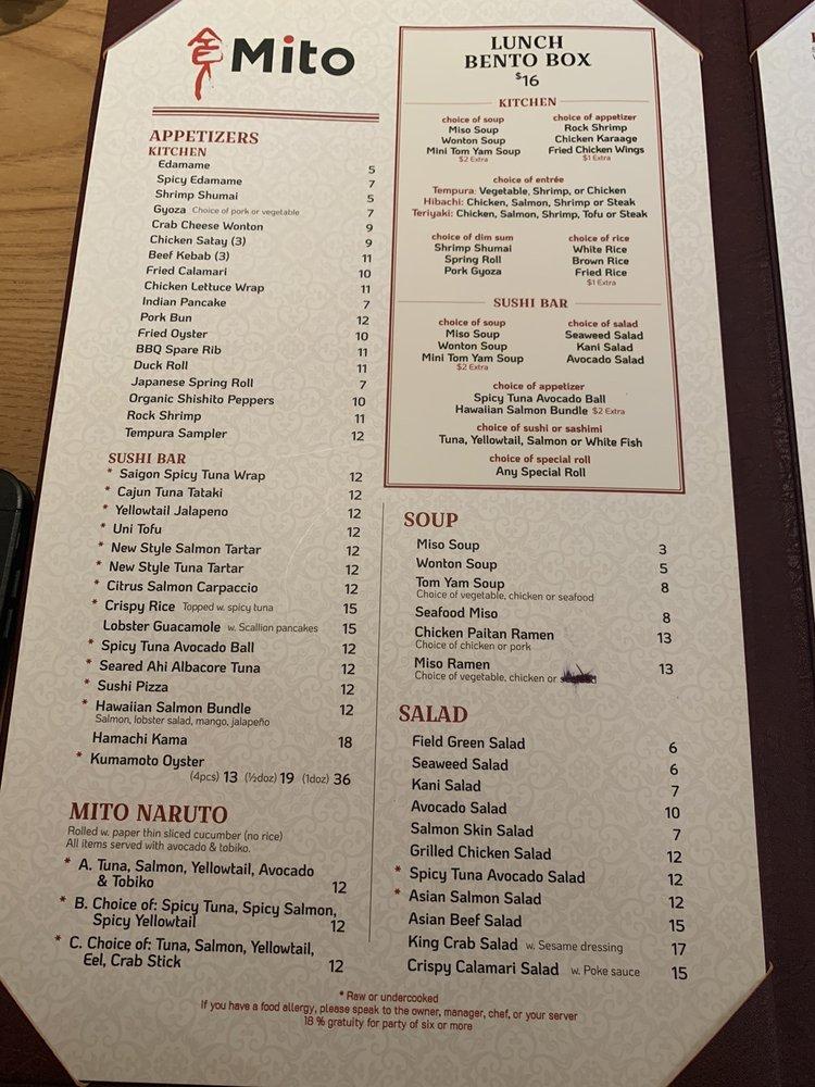 Menu at Mito Hibachi restaurant, Yonkers
