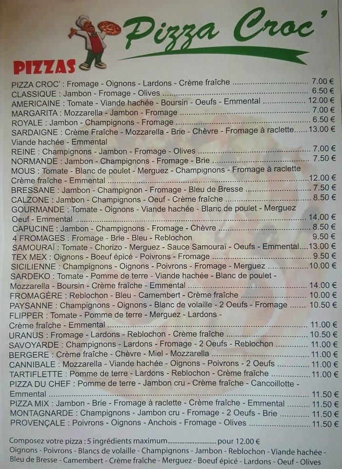 Menu au Pizza Croc' restaurant, Clamecy