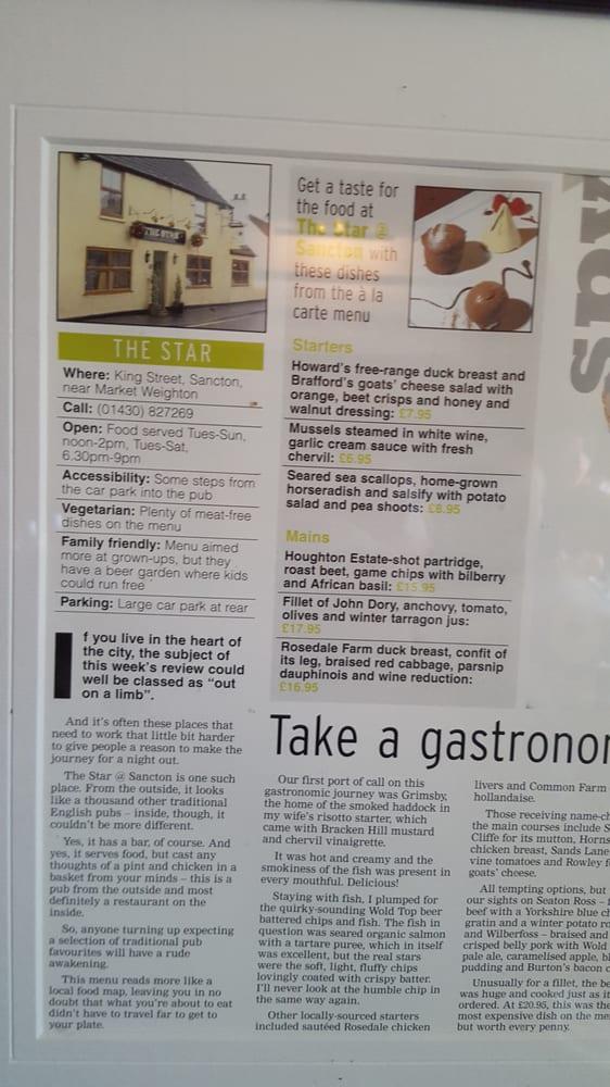 Menu at The Star at Sancton pub & bar, York