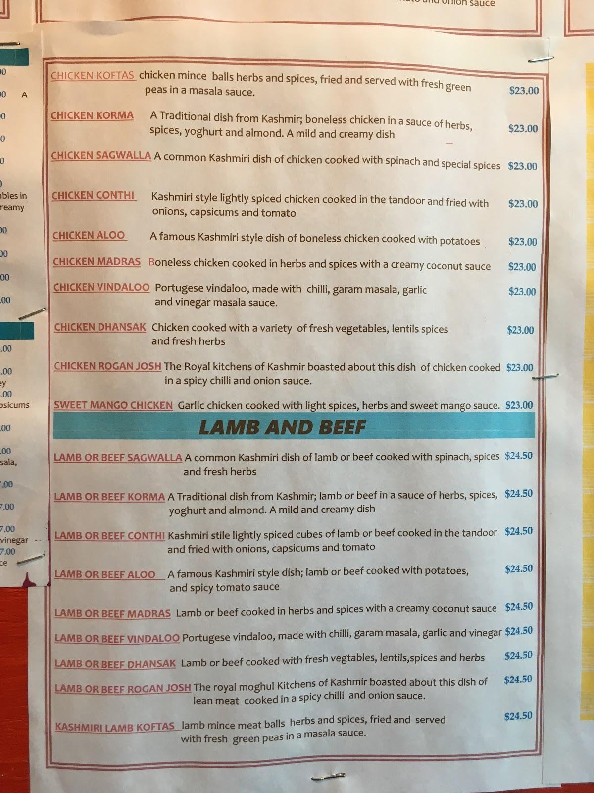 Menu at Ashraf's restaurant, Wanaka
